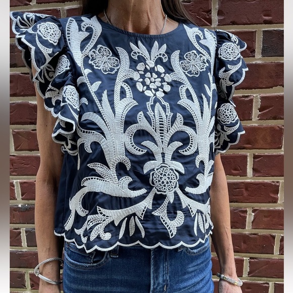 THML | Tops | Nwt Thml Mazunte Embroidered Scalloped Topnavy Sz Medium ...